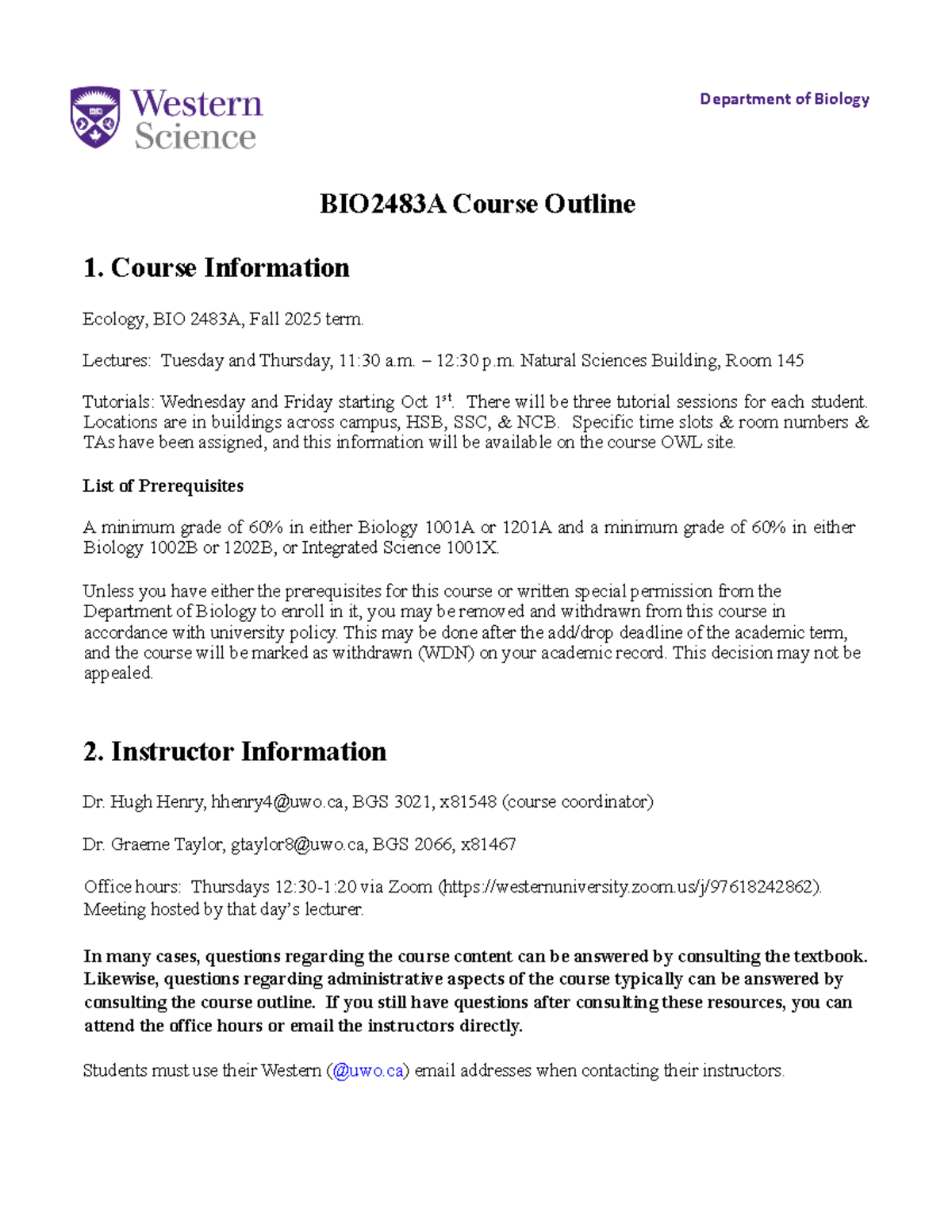BIO 2483A Ecology Course Outline & Syllabus - Fall 2025 - Studocu