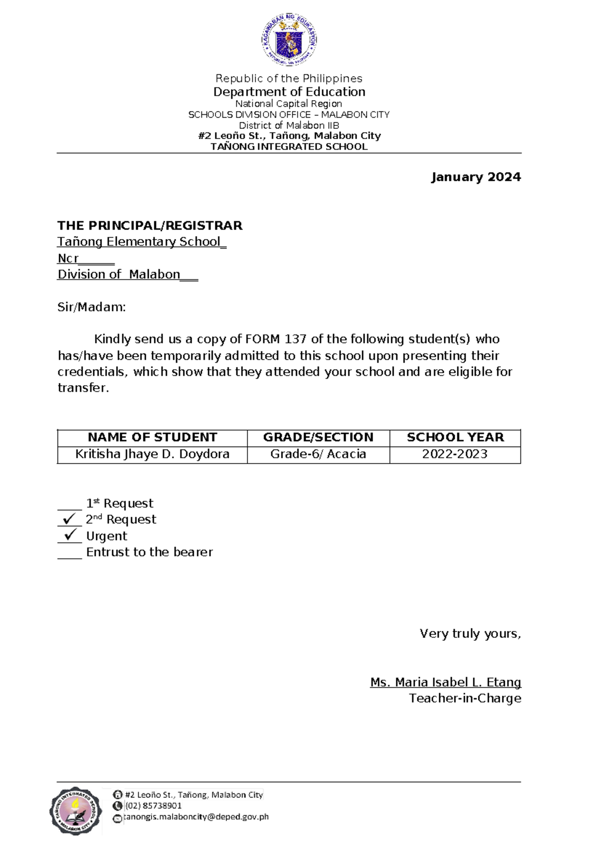 Request for FORM 137 - Student Transfer (Malabon City) - Studocu