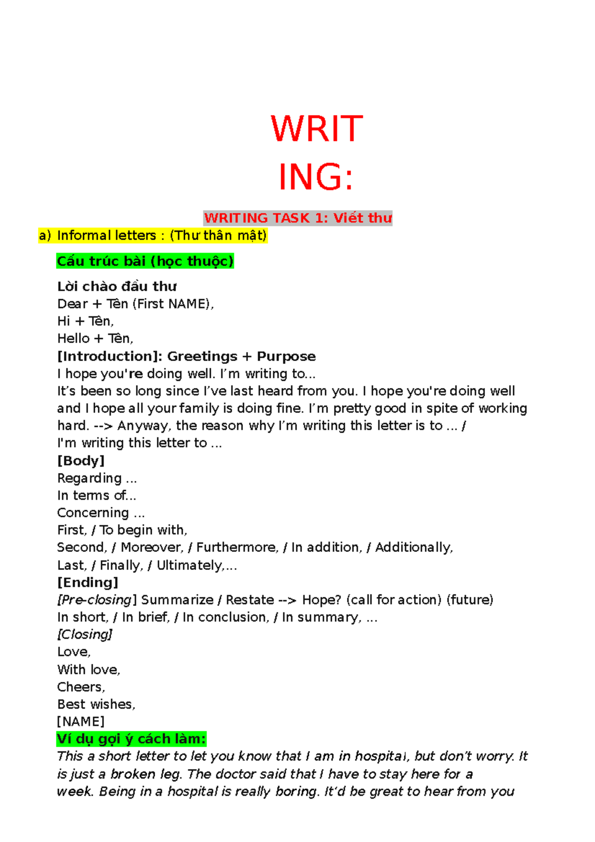 Vstep 4 (W+S) - none - WRITING TASK 1: Viết thư a) Informal letters : (Thư thân mật) Cấu trúc ...