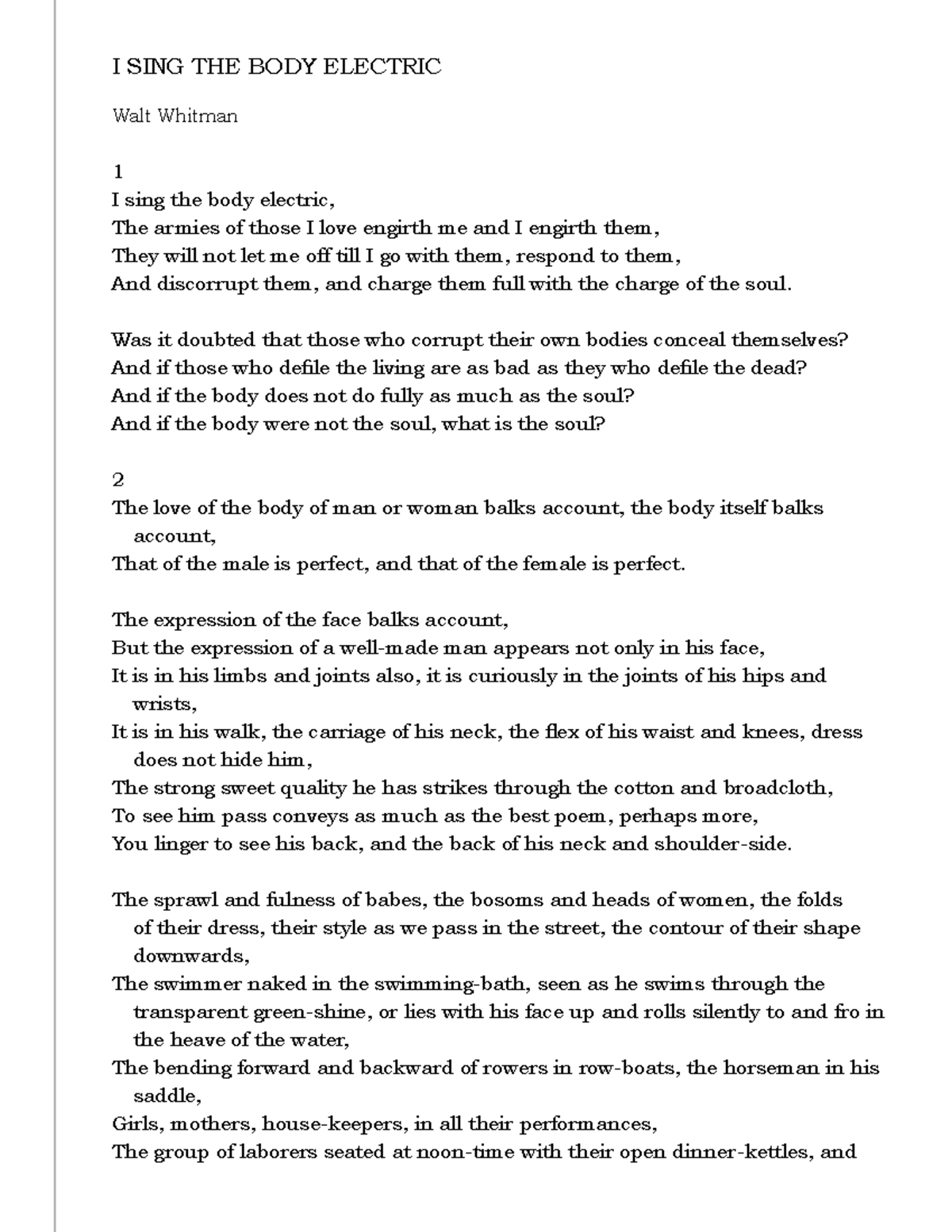 Whitman - I Sing the Body Electric: An Analysis of Humanity - Studocu