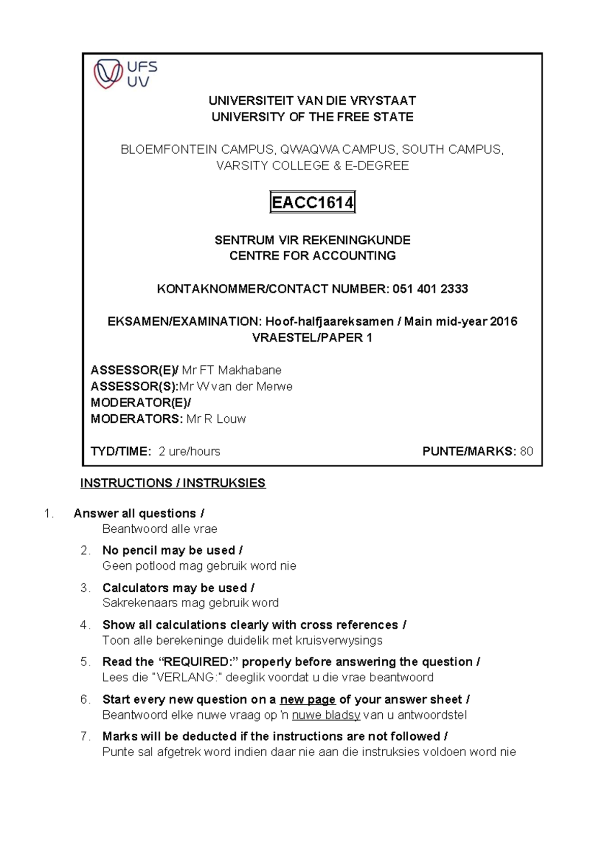 EACC1614 Main Mid-Year Exam 2016: Accounting Journal Entries & Control ...
