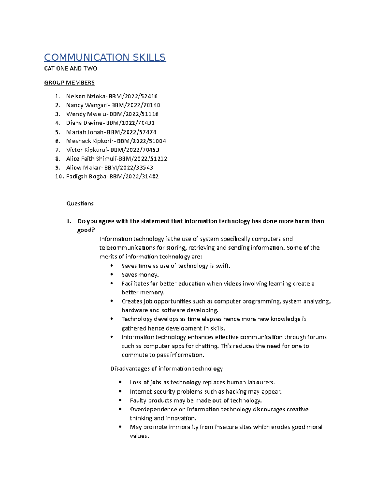 Communication Skills - COMMUNICATION SKILLS CAT ONE AND TWO GROUP ...