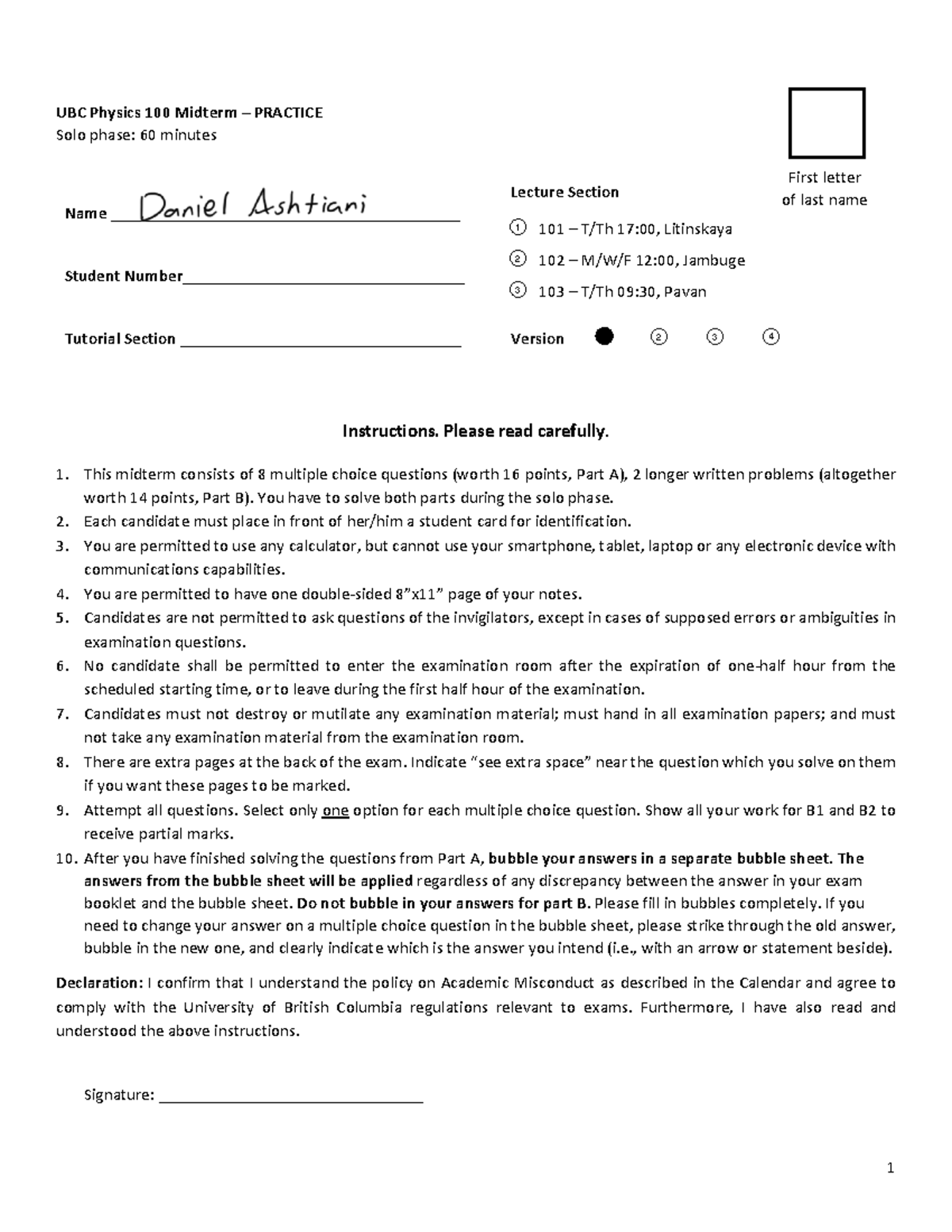 UBC PHYS 100 Midterm Exam Practice Questions and Instructions - Studocu