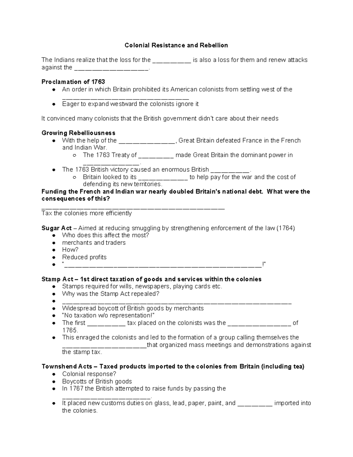 Causes of the Revolution - Colonial Resistance and Rebellion The ...