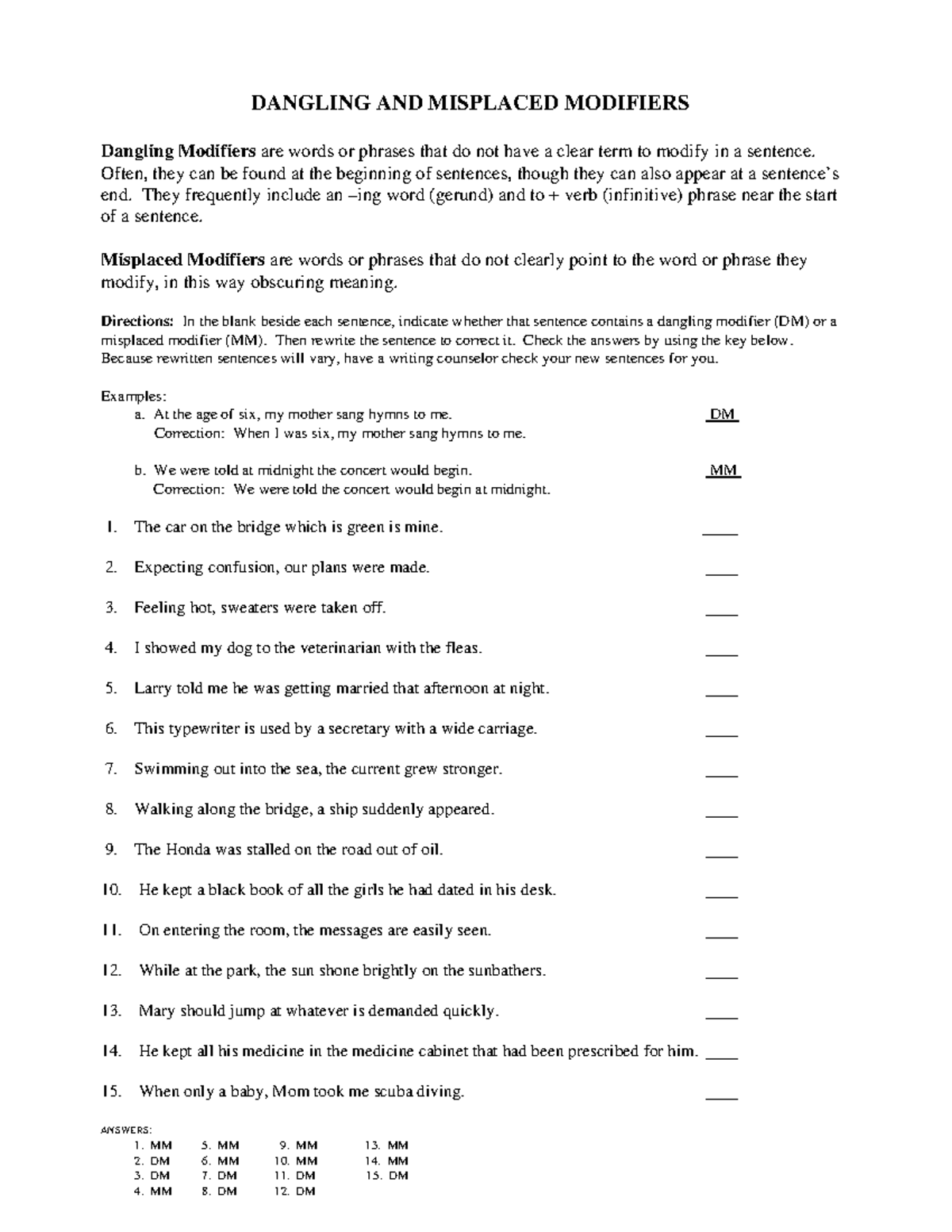 Dangling & Misplaced Modifiers Worksheet (ENGL 101) - With Answers ...