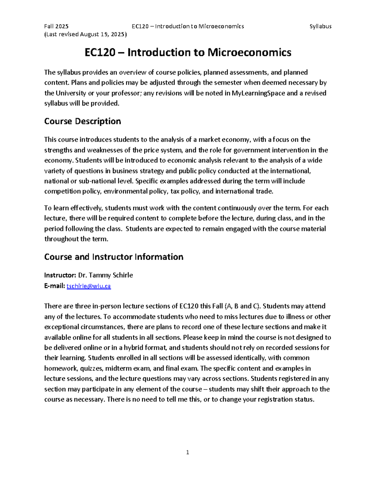 Fall 2025 EC120 Syllabus: Introduction to Microeconomics Overview - Studocu