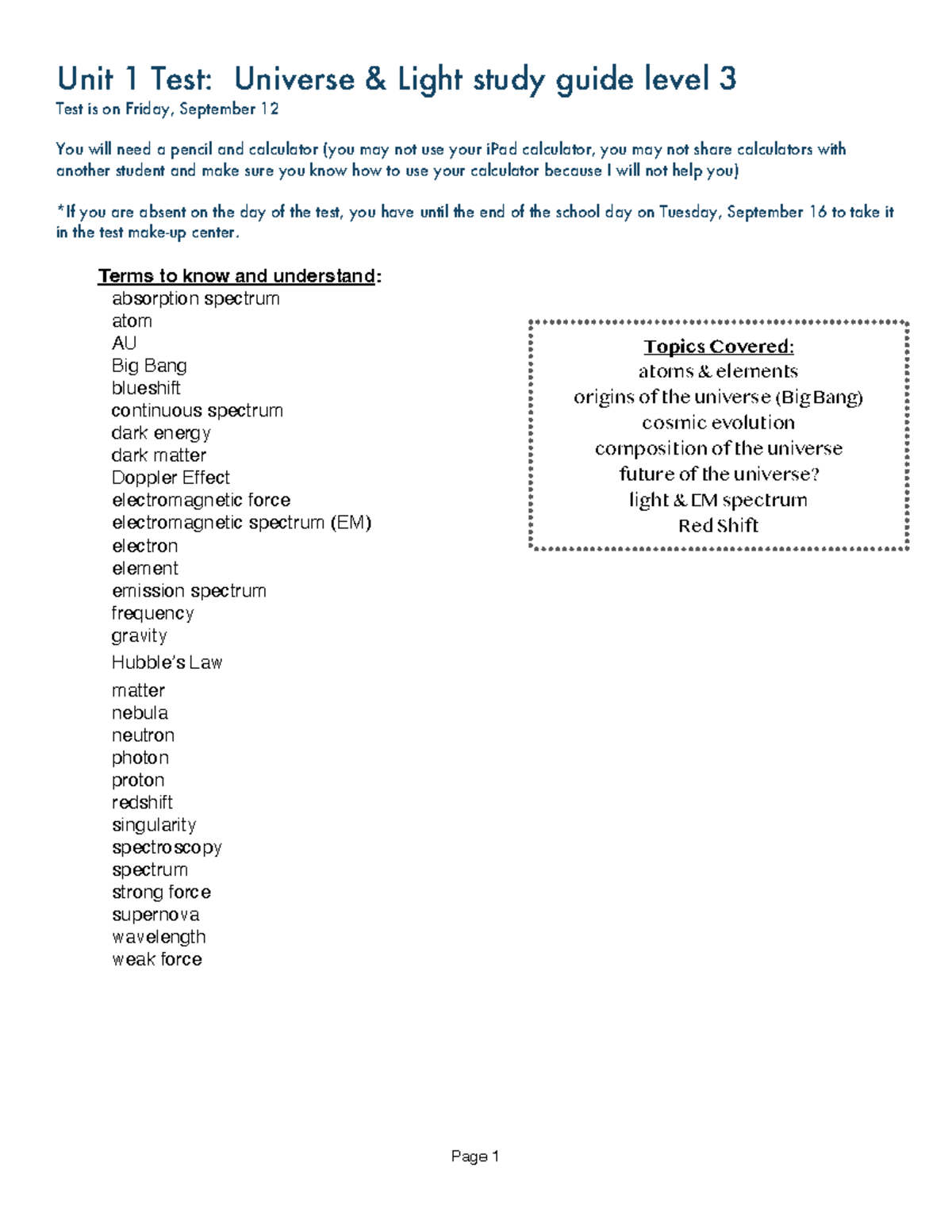 Unit 1 Test Study Guide: Universe & Light (Level 3) - Studocu