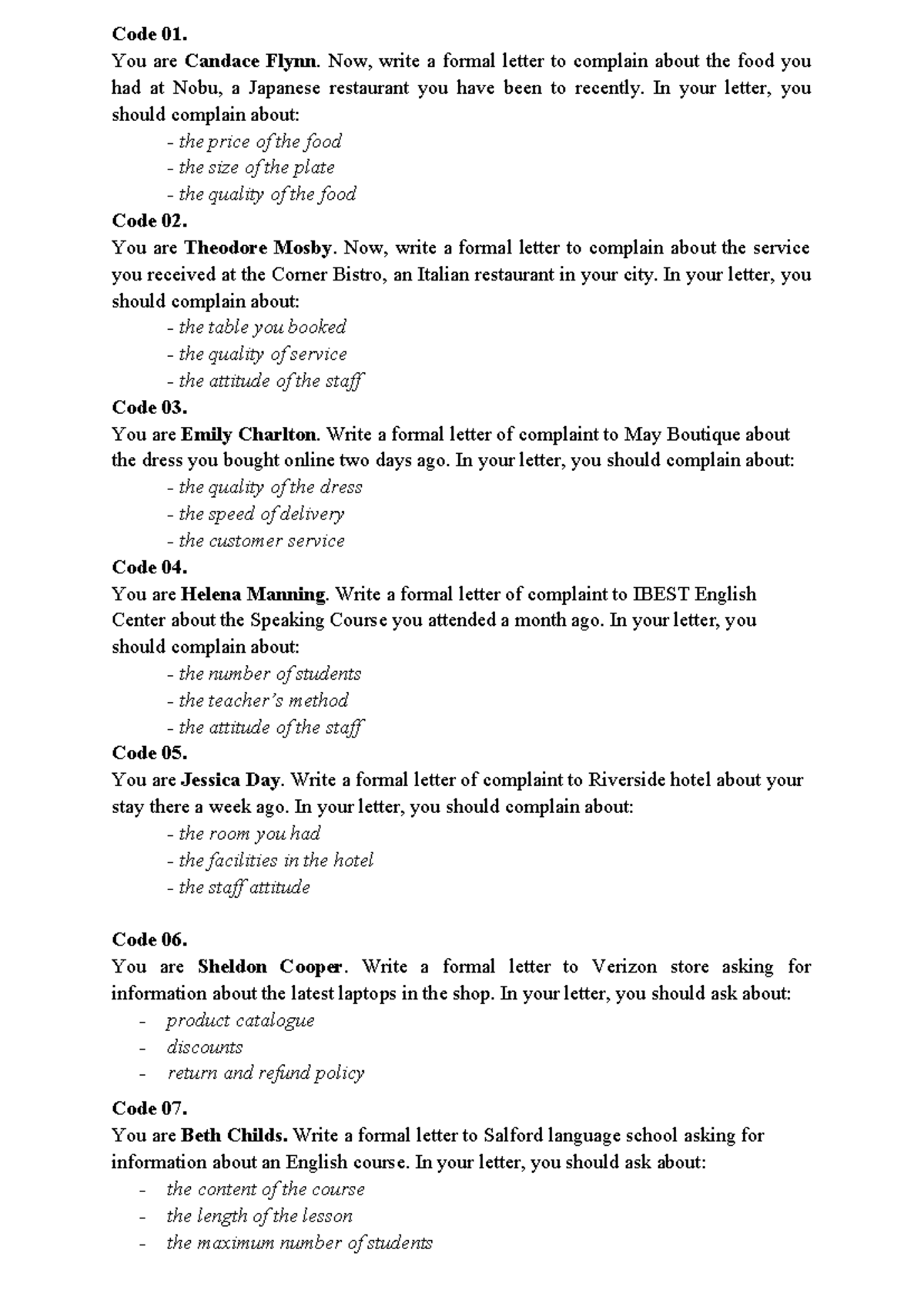 Formal Complaint Letters for Various Services - Code 01 to Code 07 ...