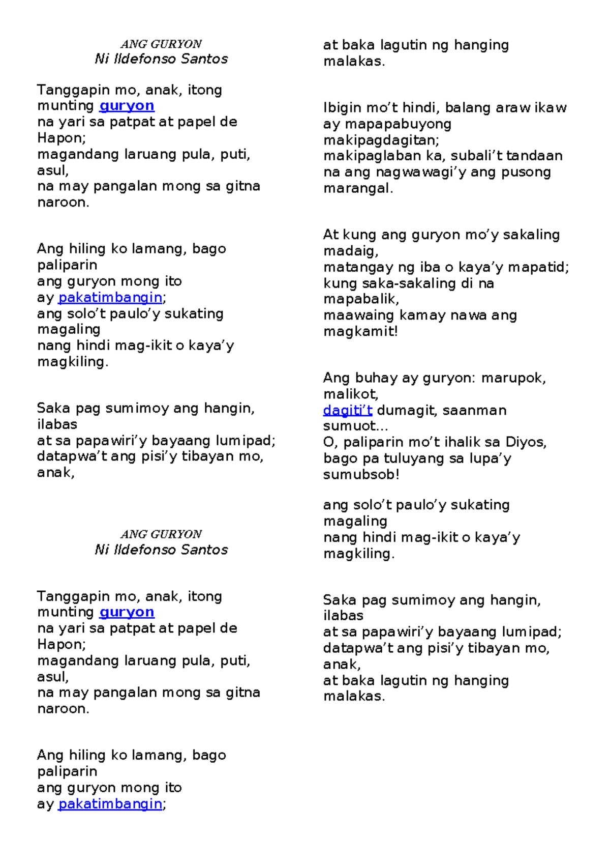ANG GURYON: Tula ni Ildefonso Santos sa Kahalagahan ng Buhay - Studocu