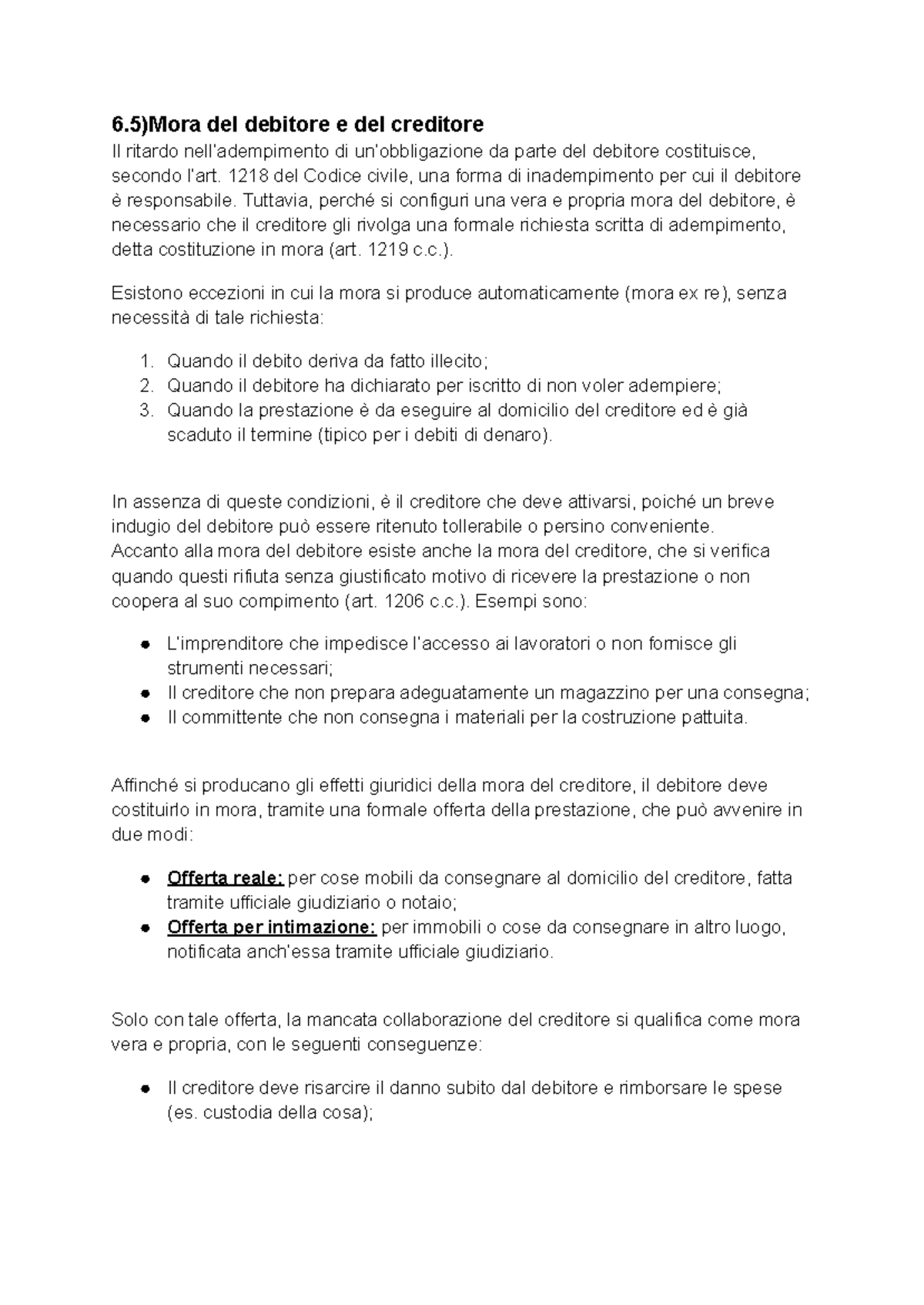 CAP 6 Diritto Privato: Mora del Debitore e del Creditore - Studocu