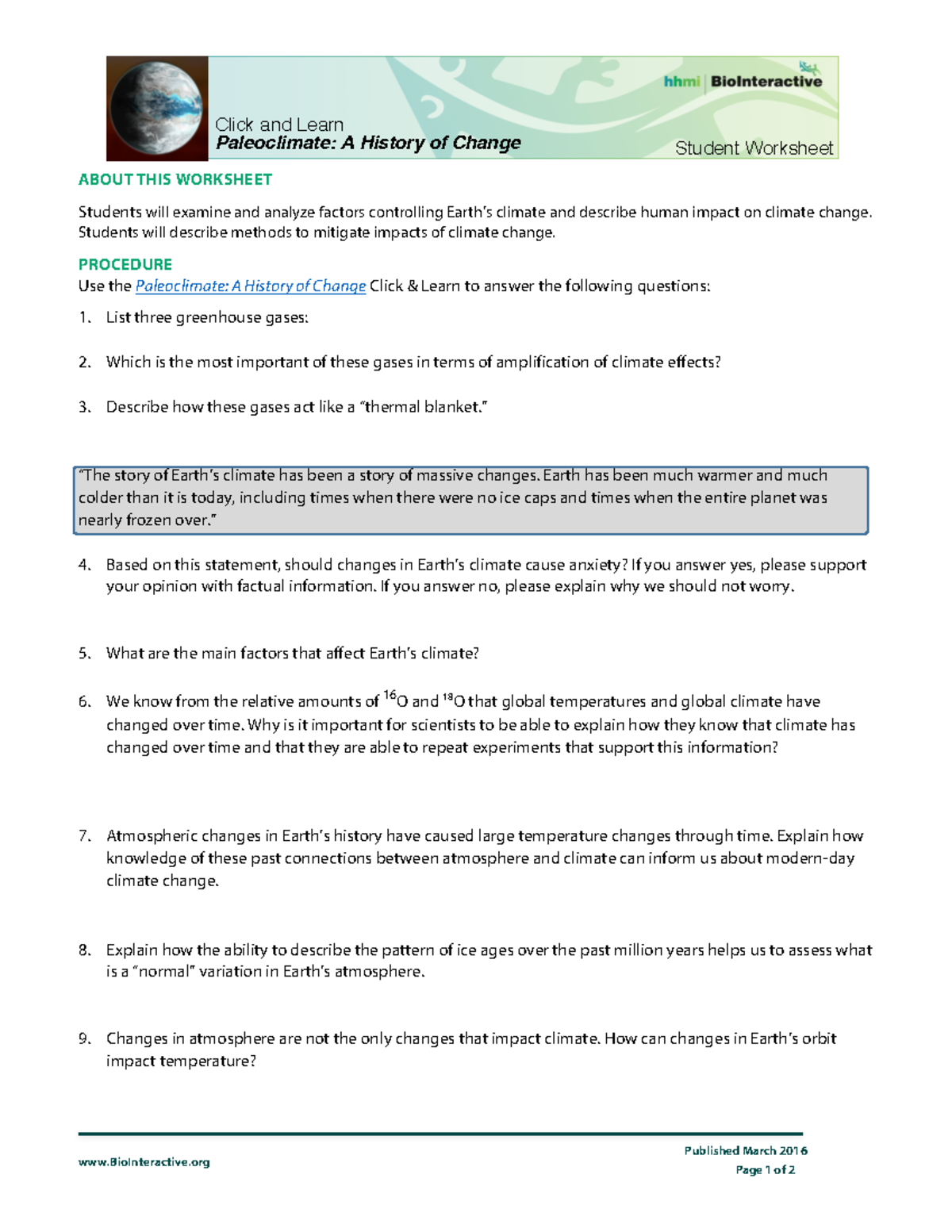 Paleoclimate Analysis: Student Worksheet for Click & Learn Activity ...