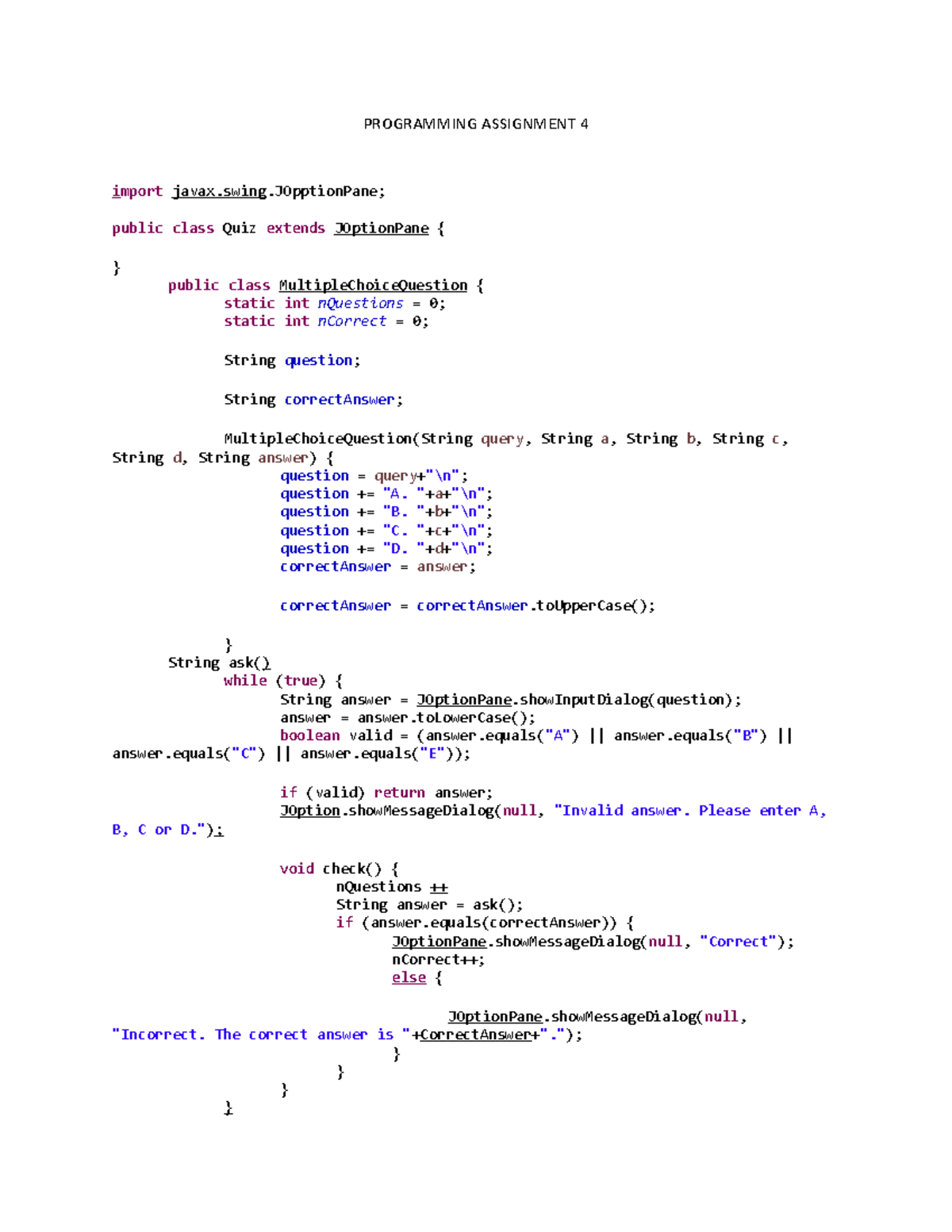 CS1102 programming (Java) Programming Assignment 4 - PROGRAMMING ASSIGNMENT 4 import public ...