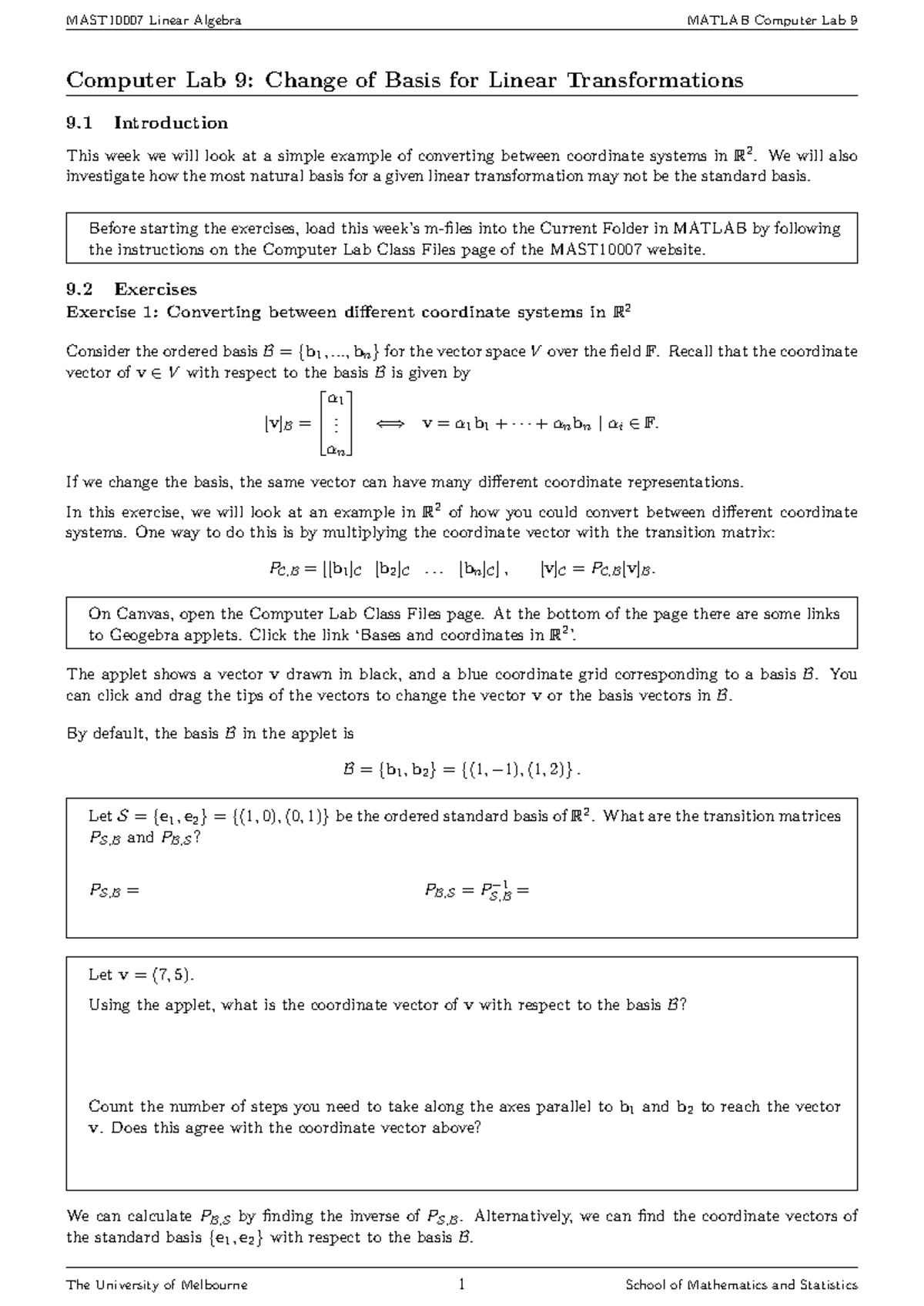 Linear Algebra MATLAB Lab 9: Change of Basis for Transformations - Studocu