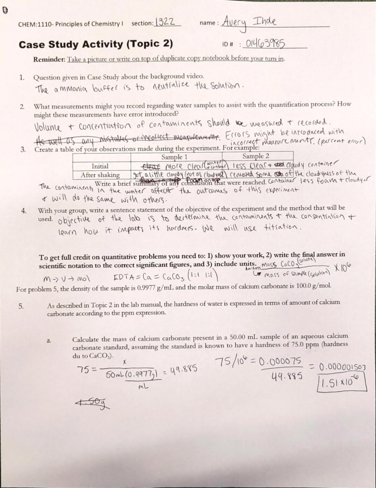 CHEM:IIIO - Case Study Activity 2: Water Sample Measurements - Studocu