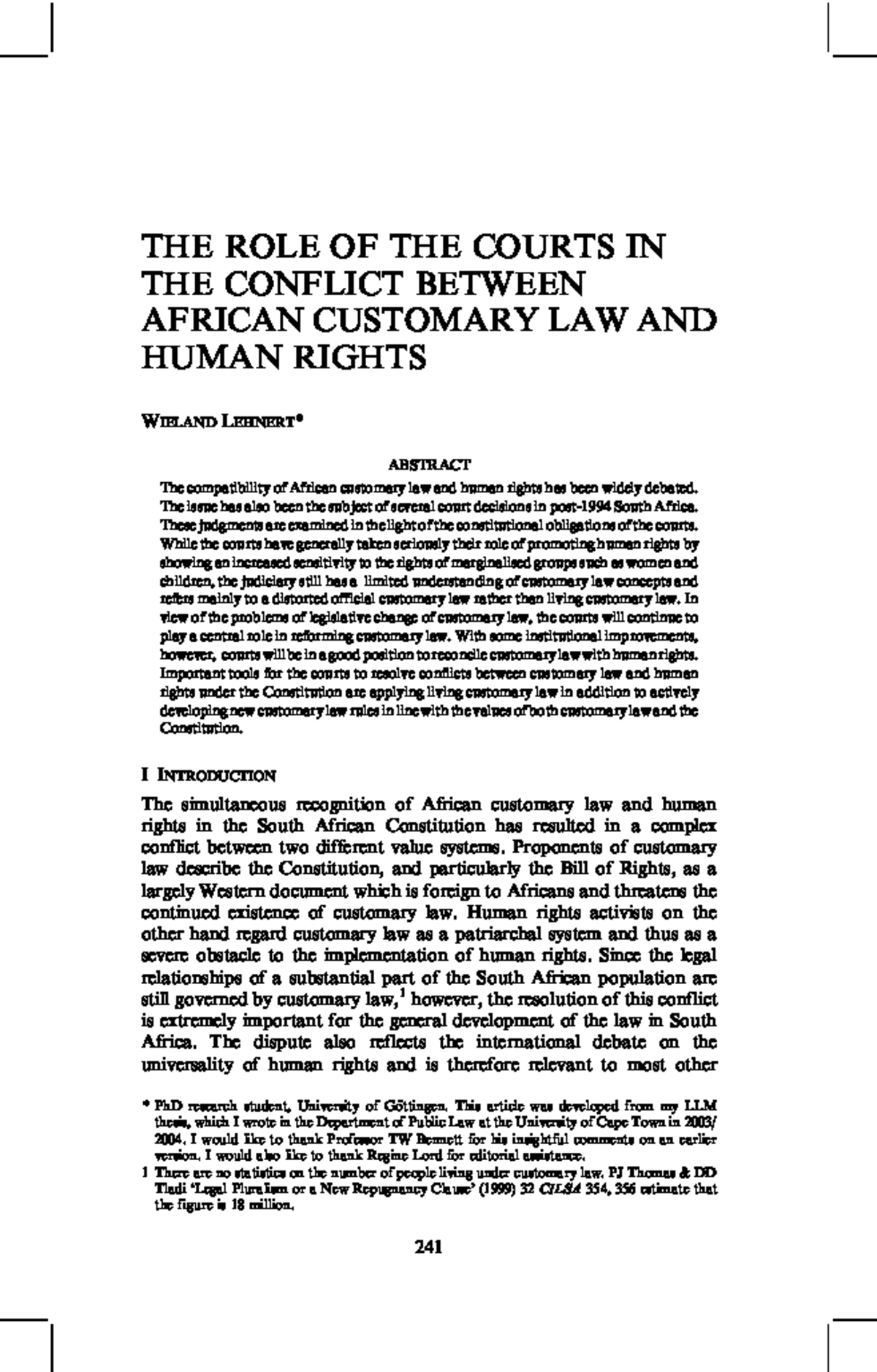 Lehnert 2020: Courts and the Clash of African Customary Law with Human ...