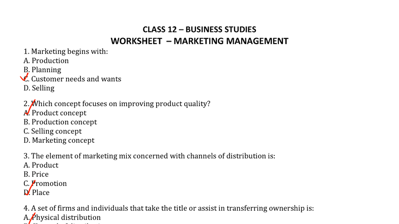 CLASS 12 BUSINESS STUDIES WORKSHEET 1: MARKETING MANAGEMENT - Studocu