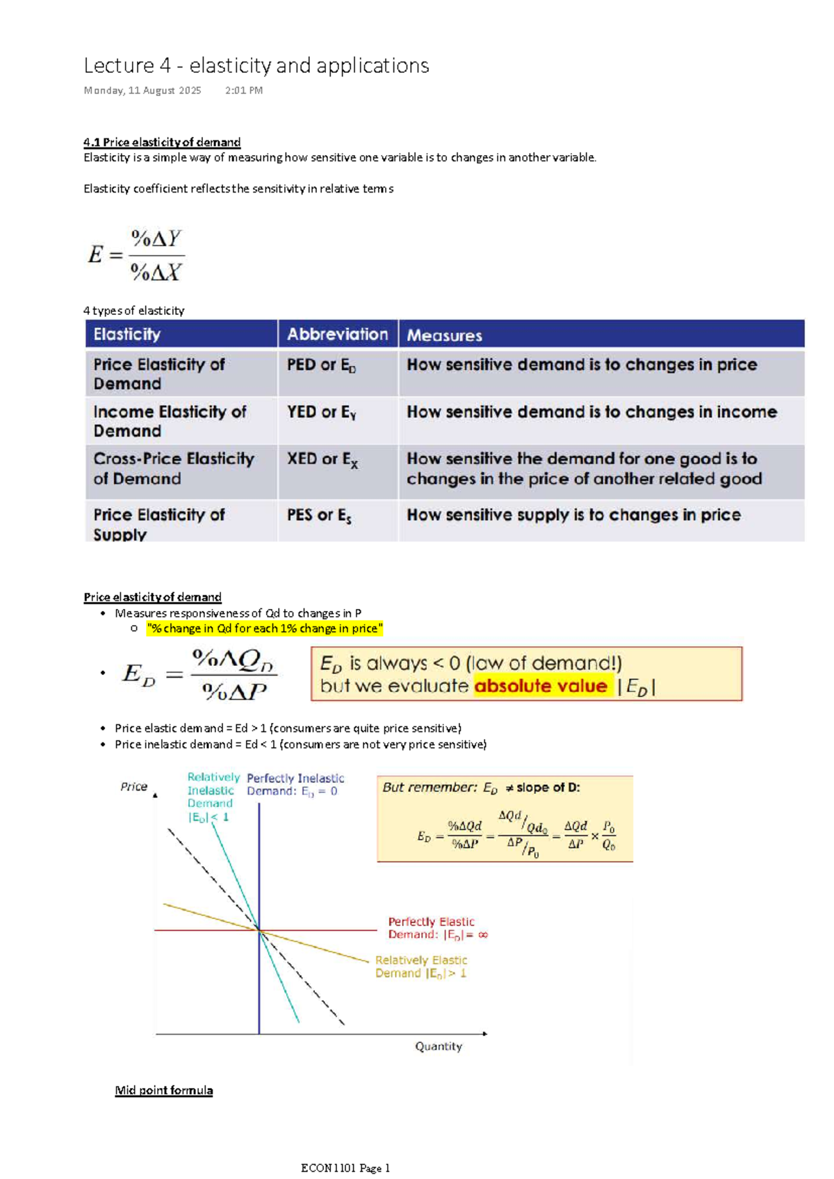 Lecture 4: Elasticity and Applications - ECON1101 - Studocu