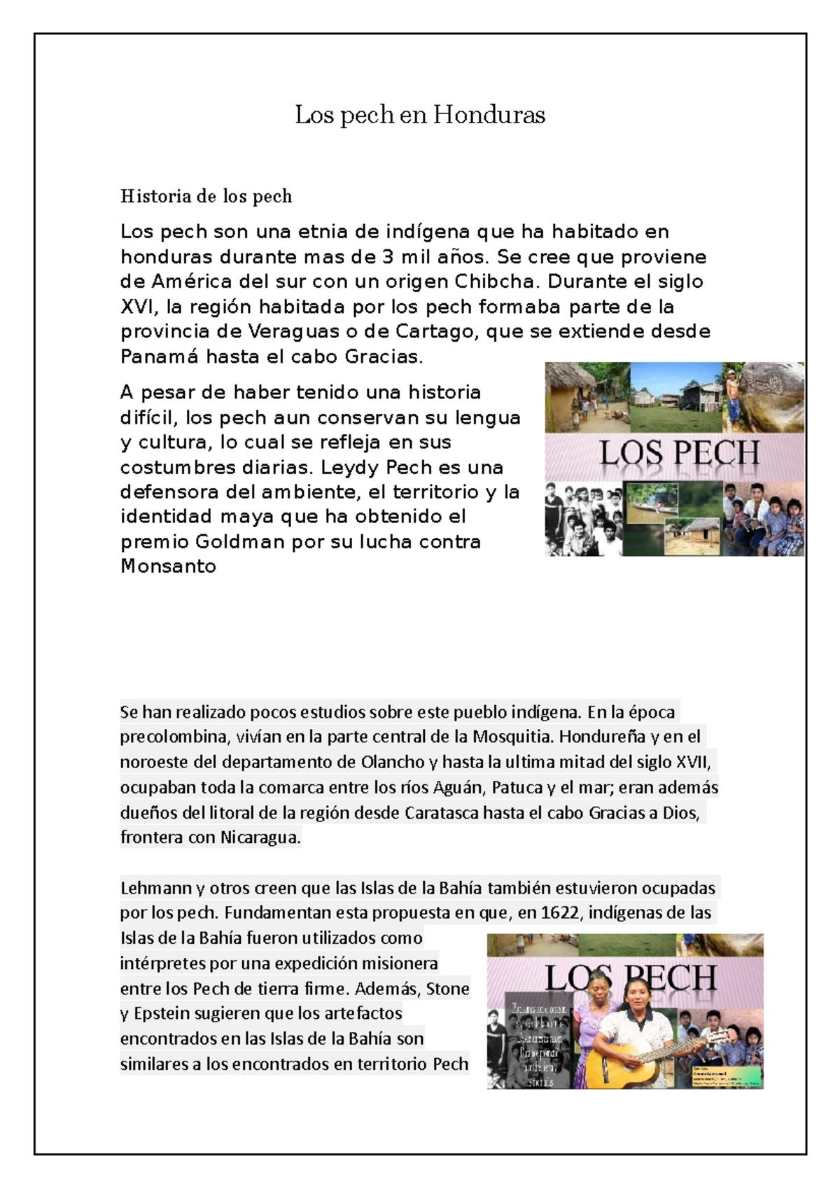 Los Pech: Cultura, Historia y Tradiciones en Honduras - Studocu