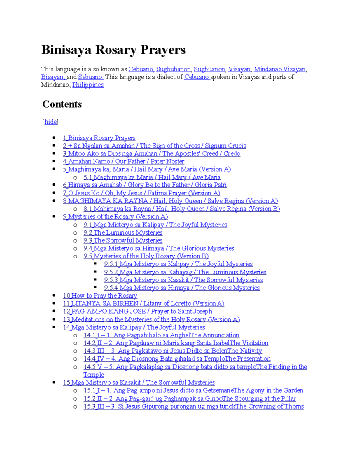 **Binisaya (Cebuano) Rosary Prayers with Mysteries Overview** - Studocu