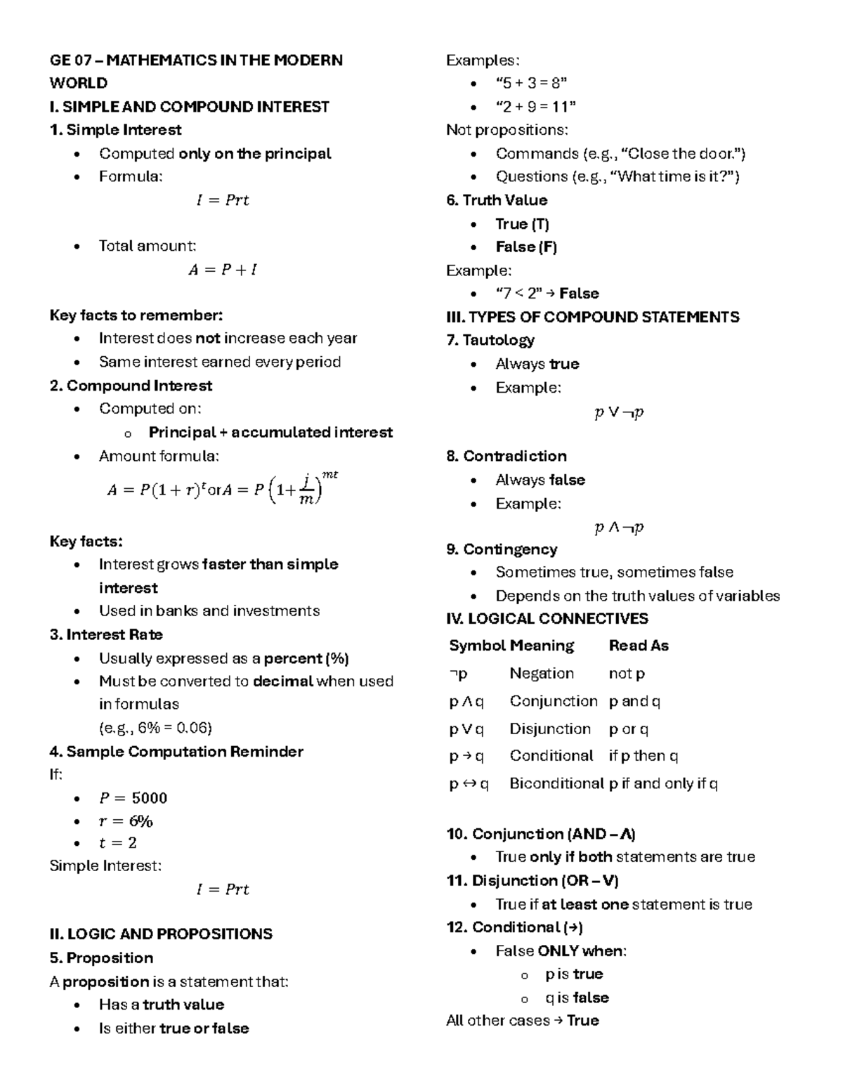 GE 07 Mathematics in the Modern World I: Interest & Logic Concepts ...