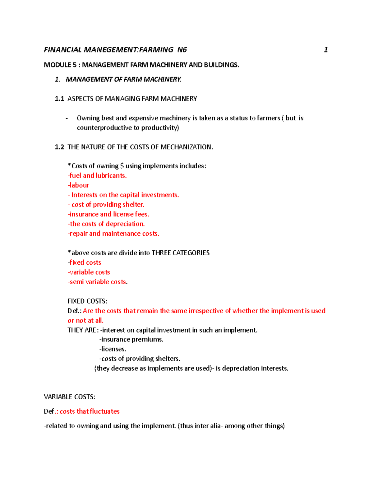 Finance N6 Module 5 Notes: Farm Machinery Management Insights - Studocu