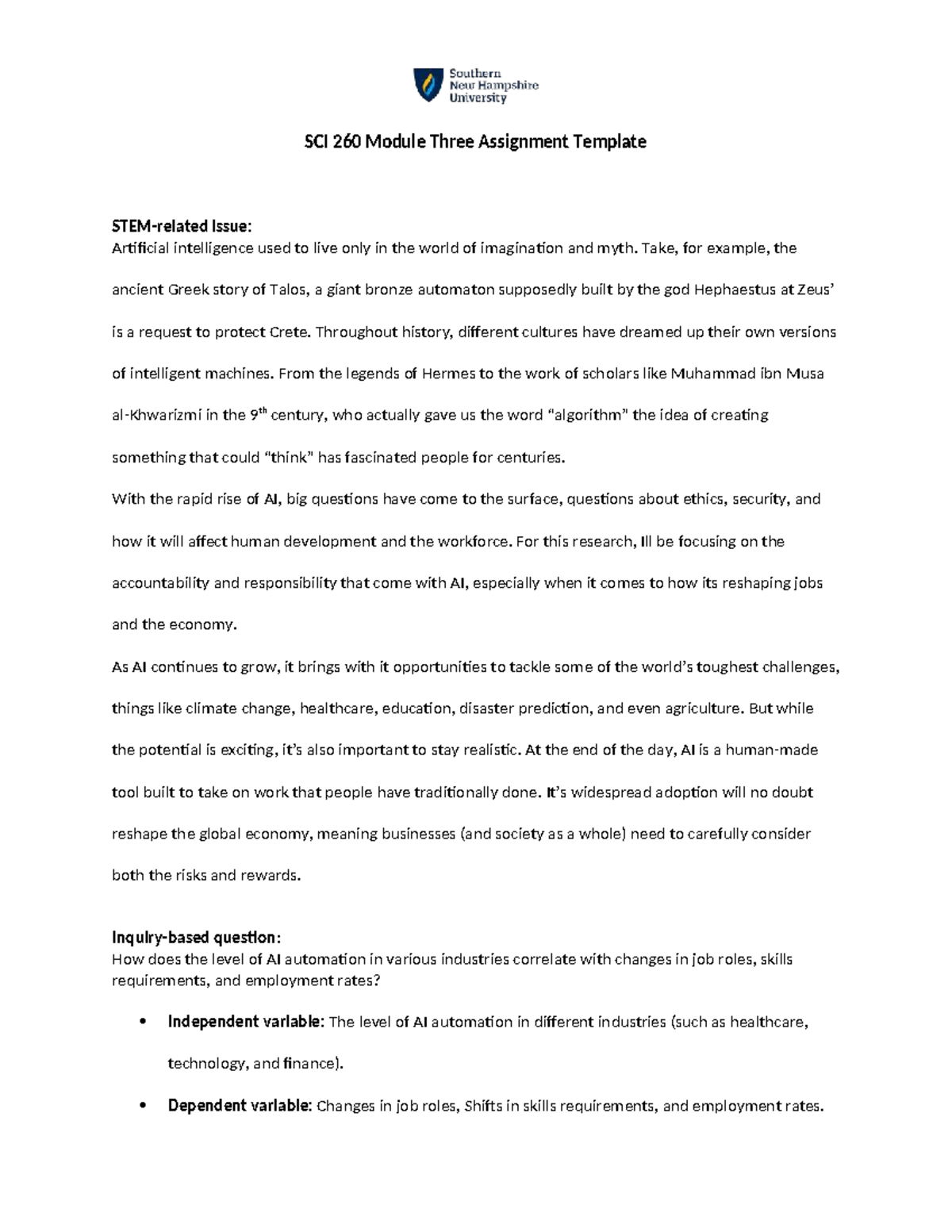 SCI 260 Module 3 Assignment: AI's Impact on Jobs & Economy - Studocu