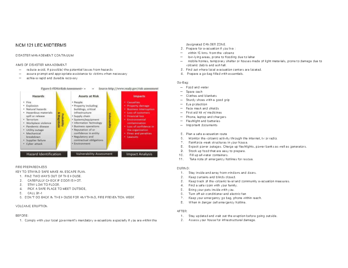 NCM 121 LEC Midterm Study Guide: Disaster Management & Evacuation Plans - Studocu