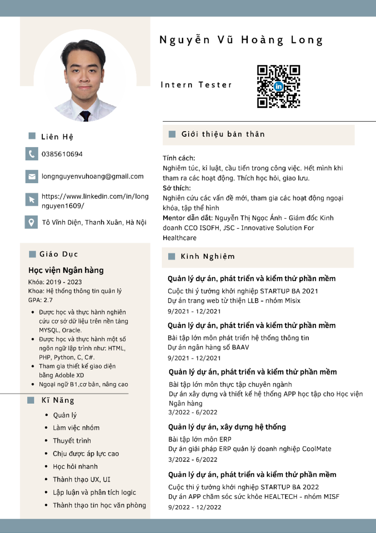 (BA) CV of Intern Tester: Nguyễn Vũ Hoàng Long Profile Overview - Studocu