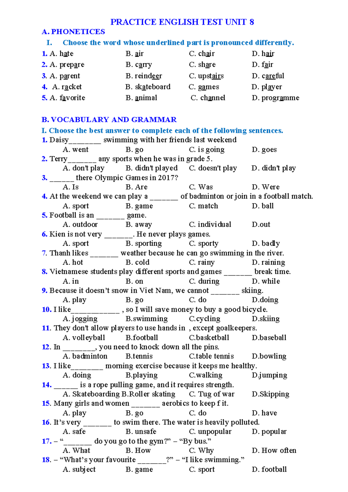 Practice Test - English Unit 8: Phonetics, Vocabulary & Grammar - Studocu