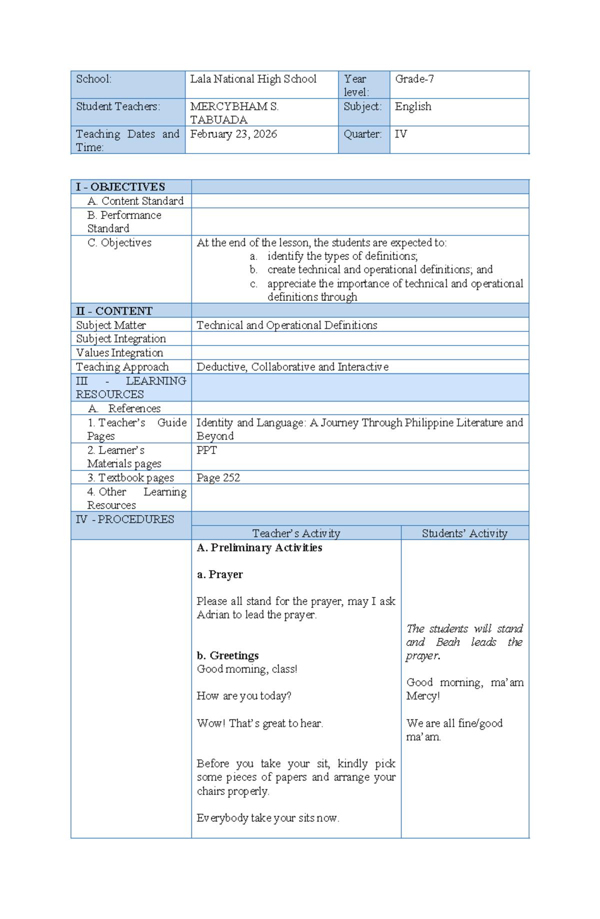Technical and Operational Definitions Lesson Plan (IV English) - Studocu