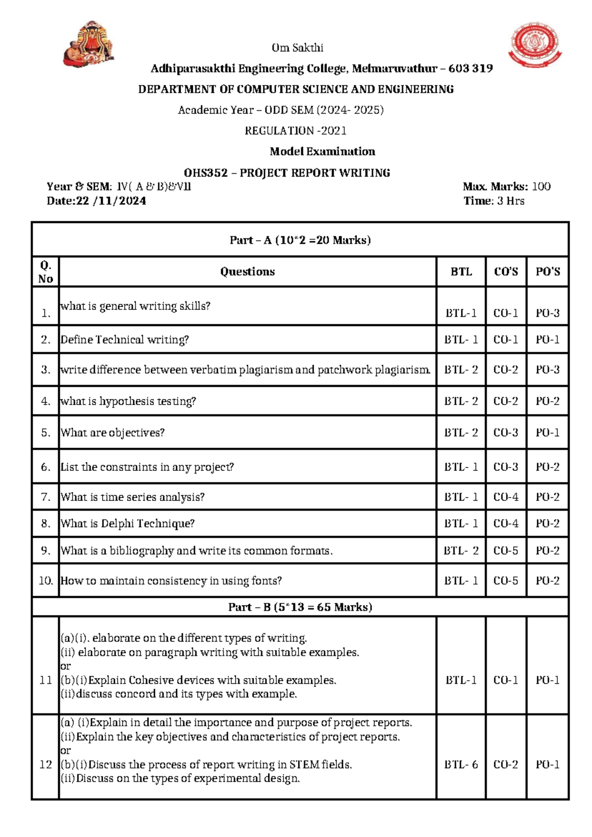 OHS352 - Project Report Writing Model Exam Review (Odd Sem 2024-2025 ...