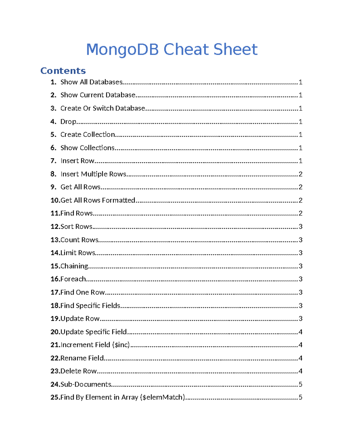 New Mongo DB Cheat Sheet - MongoDB Cheat Sheet Show All - Studocu