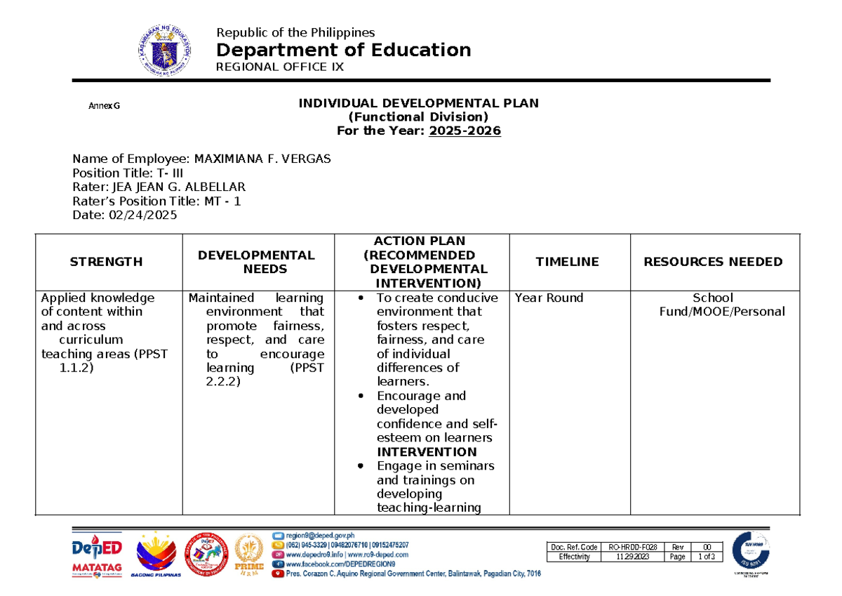 IDP - ASSIGNMENT - Doc. Ref. Code RO-HRDD-F028 Rev 00 Effectivity 11.29 ...
