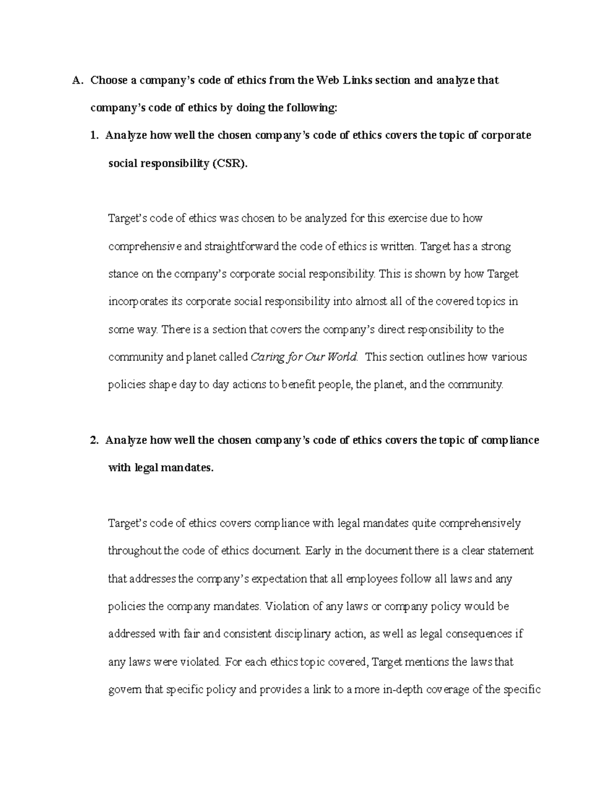 C206 EHM2 Task 3: Target's Code of Ethics & Legal Compliance Analysis - Studocu