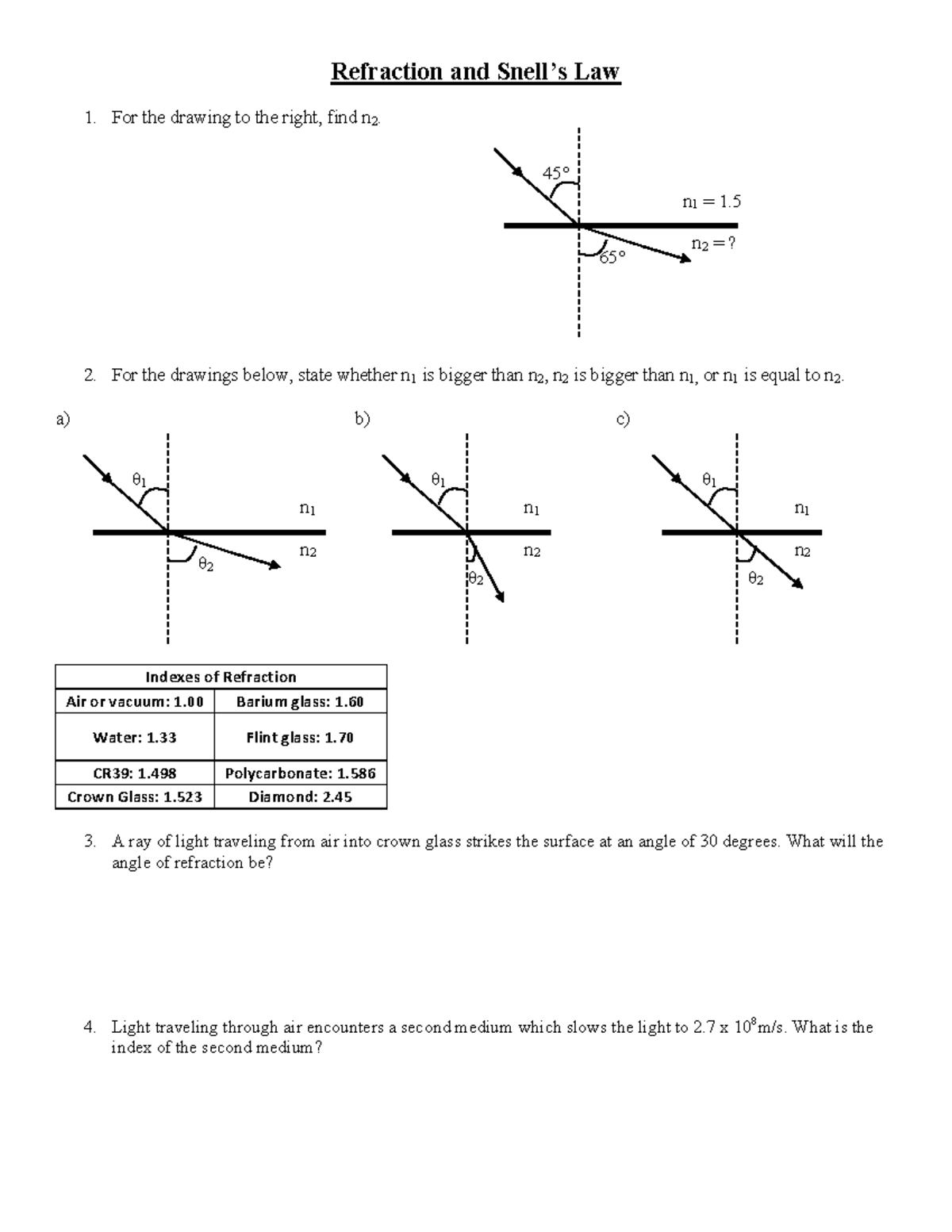 Refraction Worksheet and Snell's Law Problems (Physics 101) - Studocu
