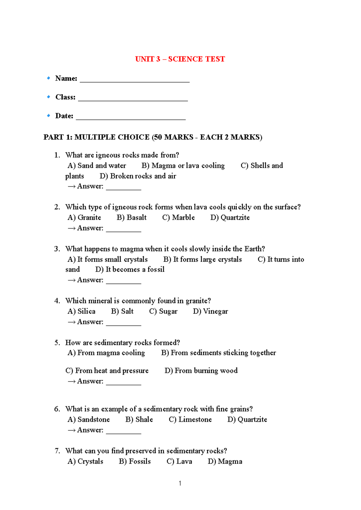 UNIT 3 – Science TEST: Igneous & Sedimentary Rocks - Studocu