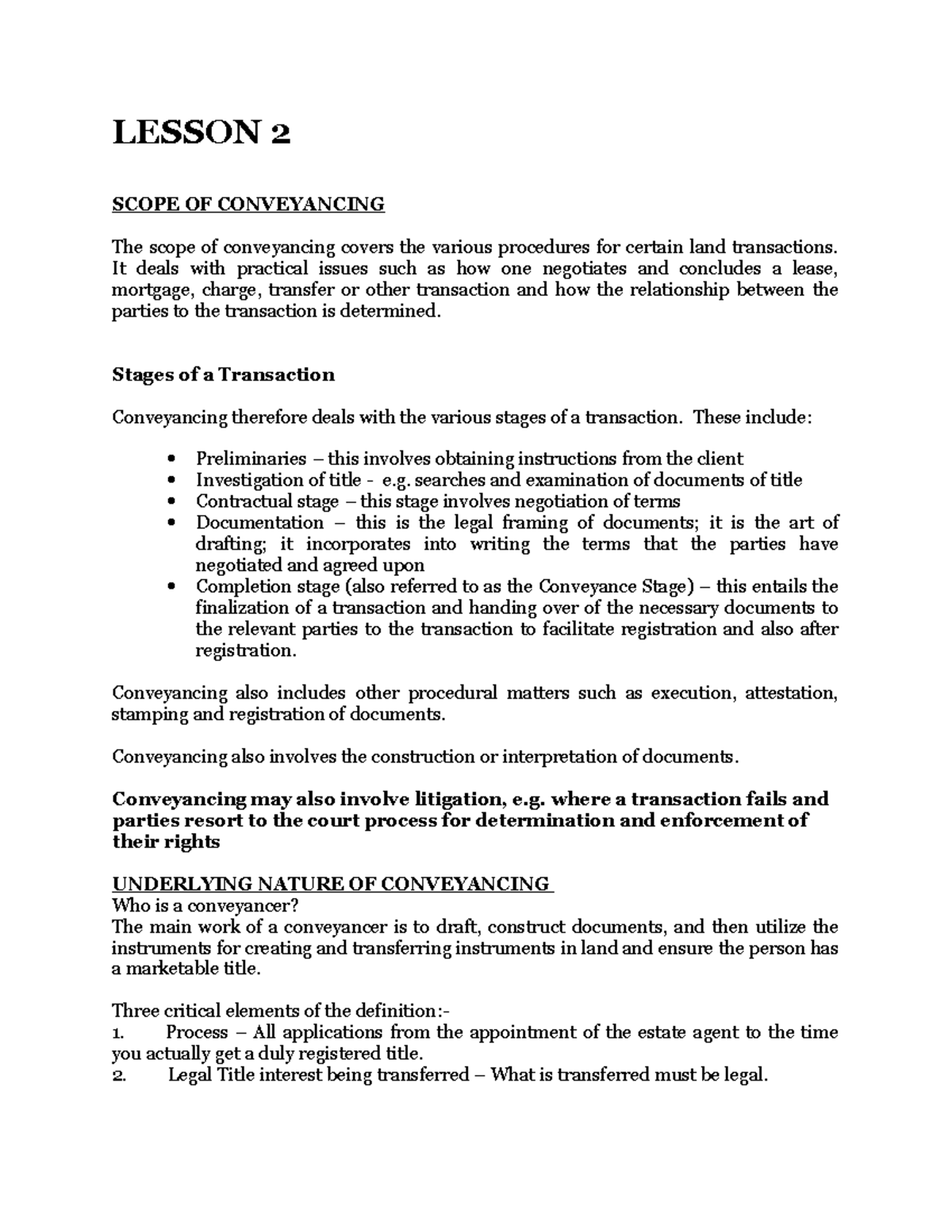 Lesson 2 Notes on Conveyancing: Key Stages & Legal Requirements - Studocu