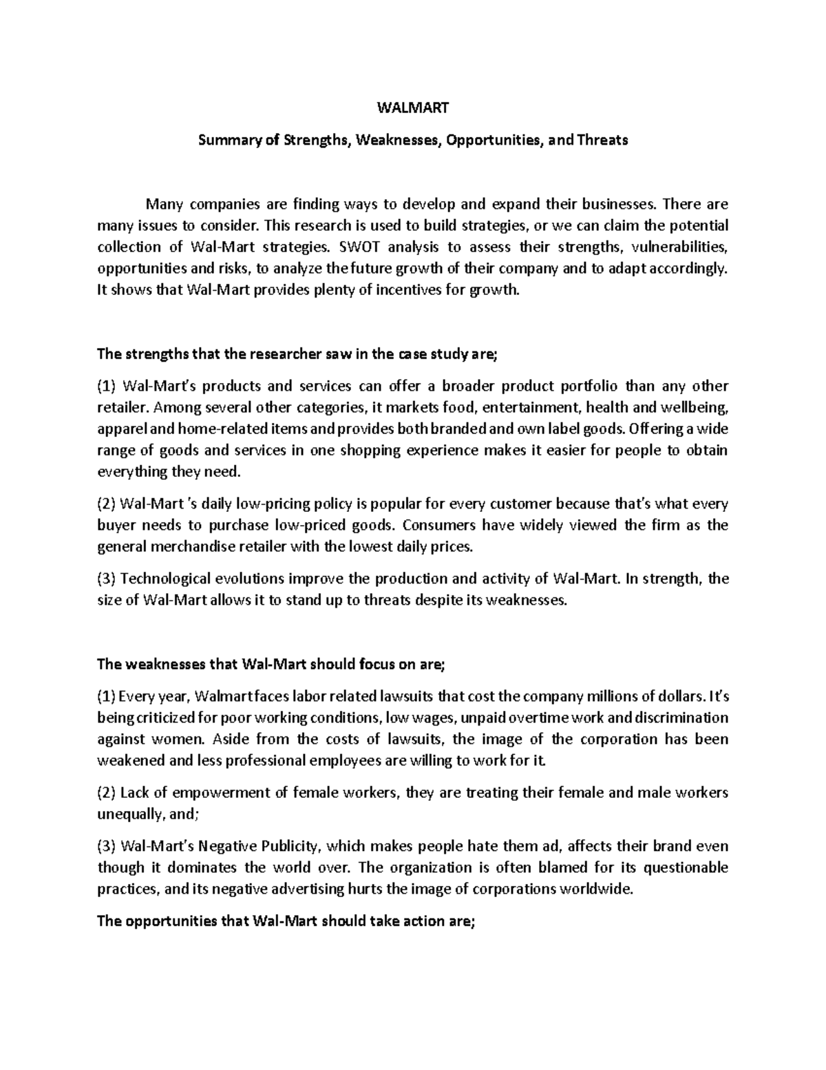 Walmart SWOT Analysis - WALMART Summary of Strengths, Weaknesses ...