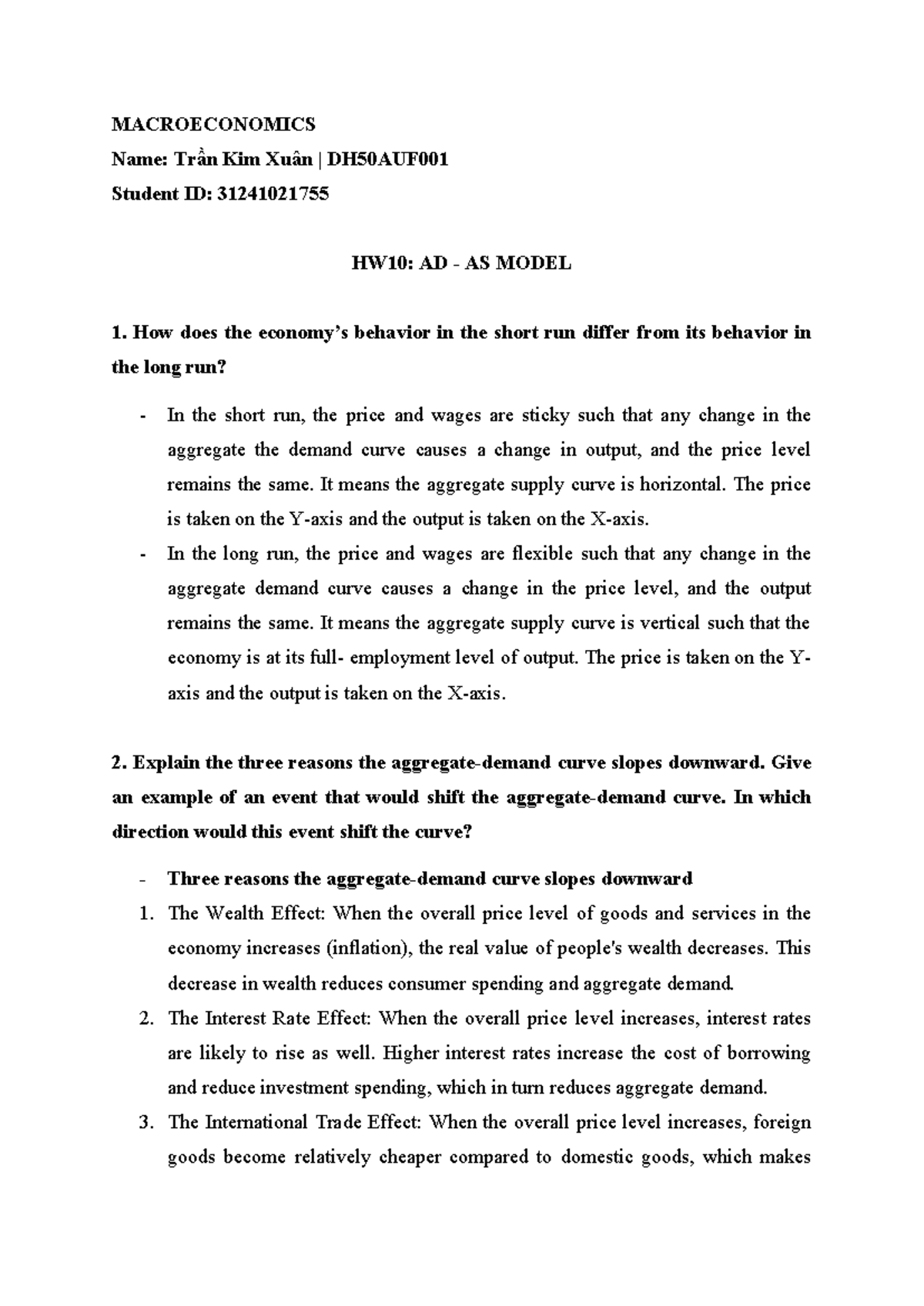 MACROECONOMICS DH50AUF001: HW10 on AD-AS Model Analysis - Studocu