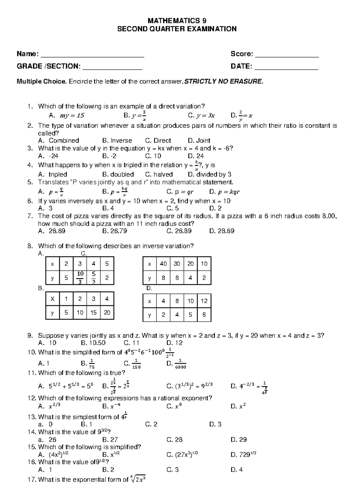 MATHEMATICS 9 SECOND QUARTER EXAMINATION REVIEW - Studocu