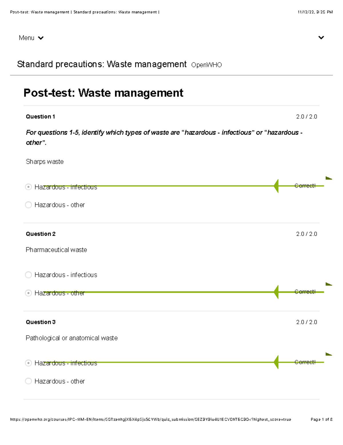 Post-test: Waste management Standard precautions: Waste management ...