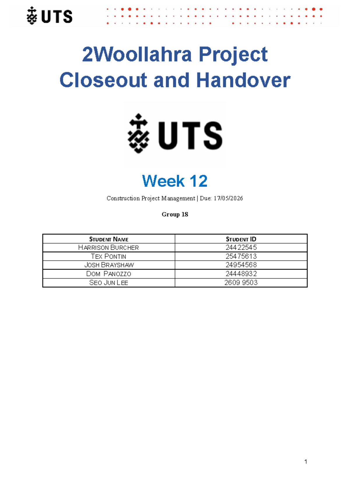 Woollahra Project Closeout & Handover Report - Group 18 - Studocu