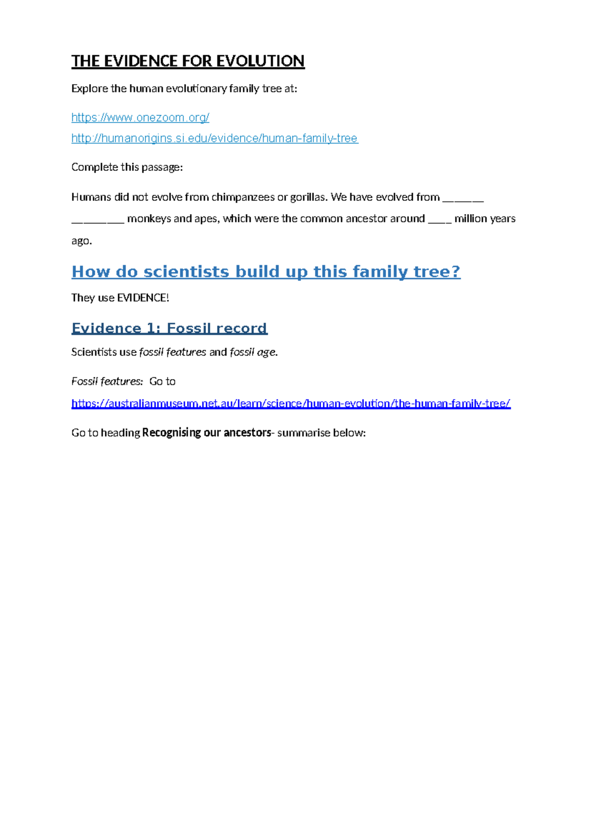 Evolutionary Evidence Webquest Worksheet: Human Family Tree - Studocu