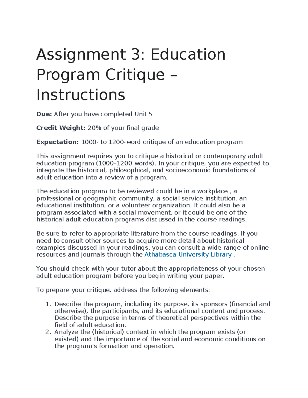 EDUC 301: Assignment 3 - Critique of Adult Education Programs - Studocu