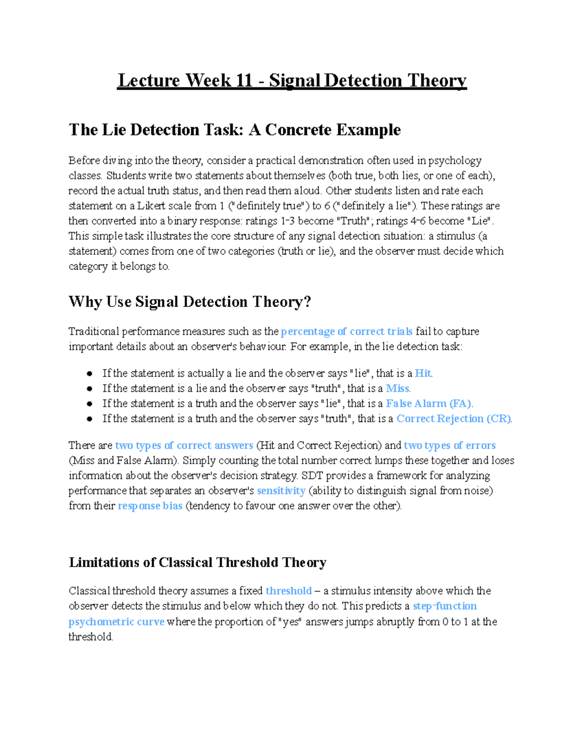Week 11 Lecture: Signal Detection Theory and Lie Detection Task - Studocu