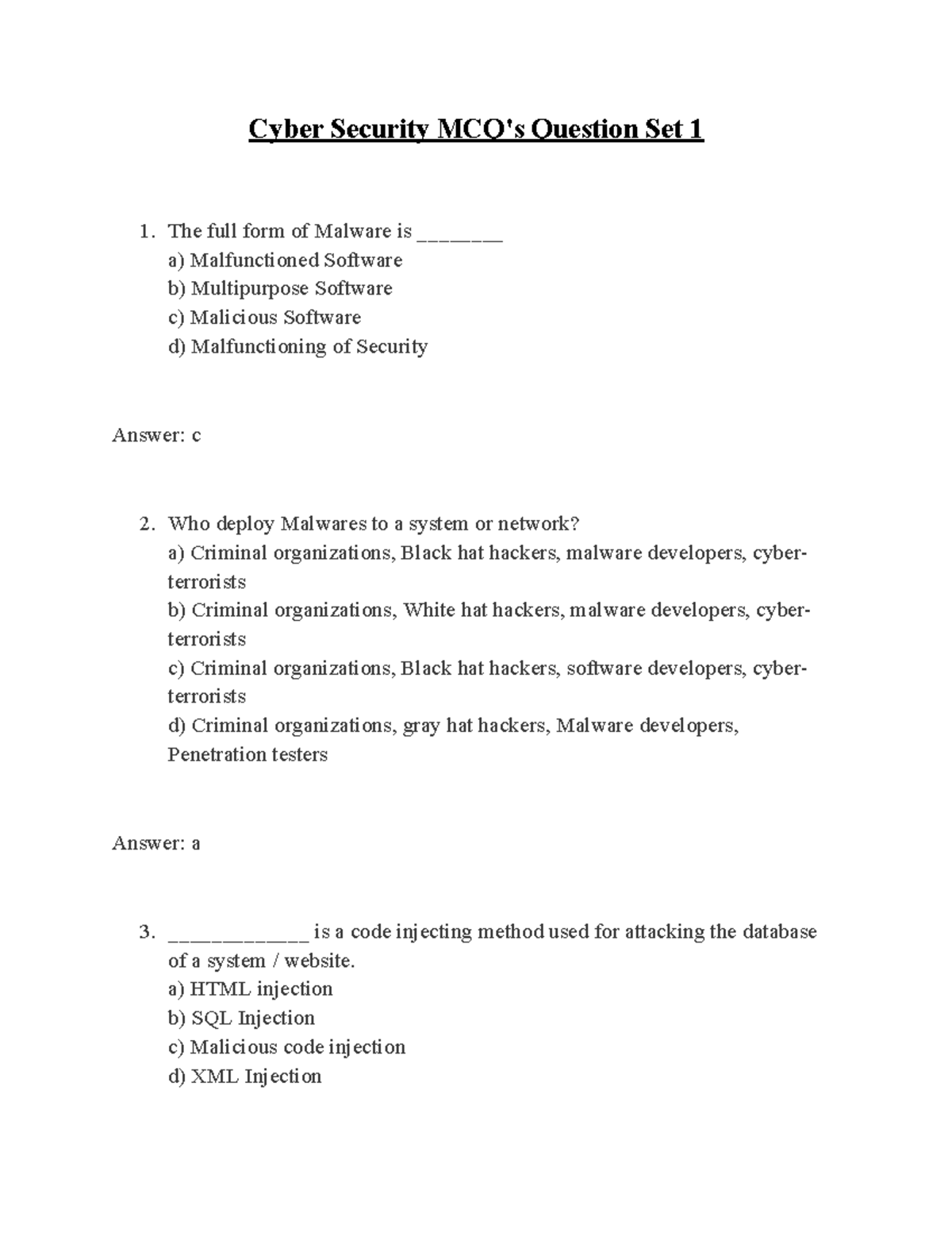 Cyber Security MCQ's Set 1: Practice Questions and Answers - Studocu