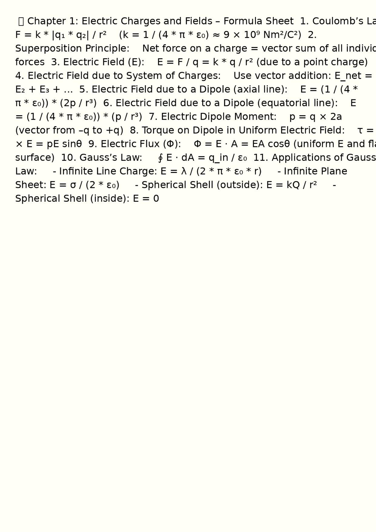 Chapter 1: Electric Charges & Fields - Key Formulas & Concepts - Studocu