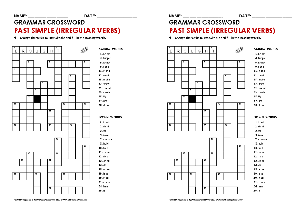Grammar Crossword: Past Simple (Irregular Verbs) - NAME & DATE - Studocu