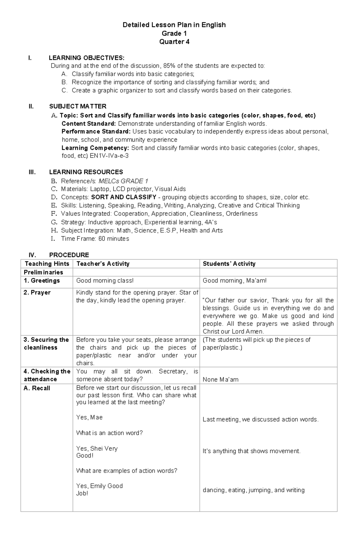 Grade 1 English Lesson Plan: Sorting & Classifying Words (Q4) - Studocu