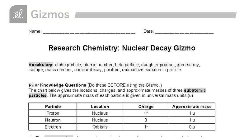 R Chemistry: Nuclear Decay Gizmo Study Guide - Studocu